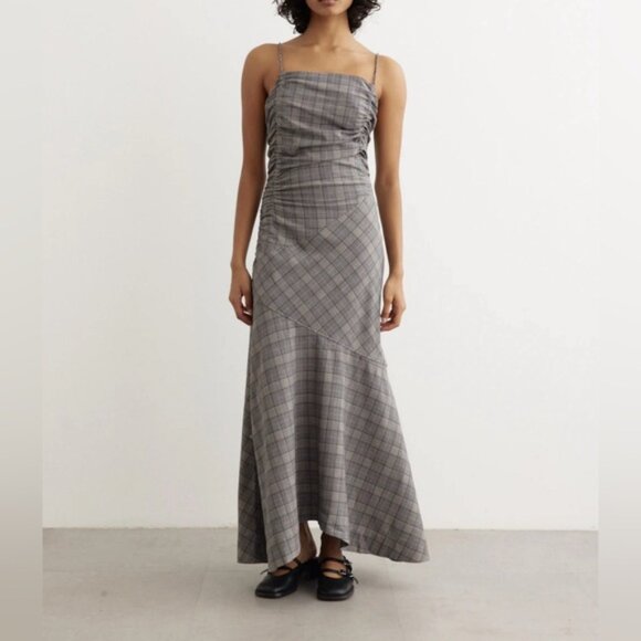 Ganni | Dresses | Ganni Check Mix Ruched Long Slip Dress Frost Grey ...